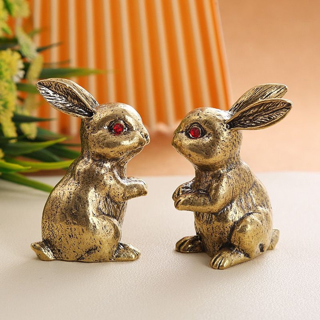A Pair of Handmade Brass Rabbits, Living Room Office Desktop Tea Pets ...