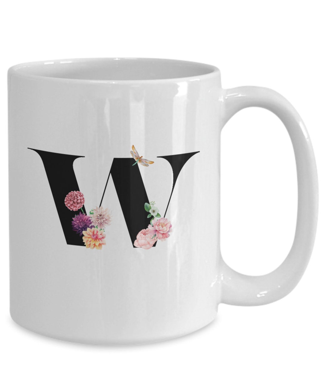 Large Letter W Coffee Mug, Alphabet Mug, Flower Letter Mug, Letter W ...