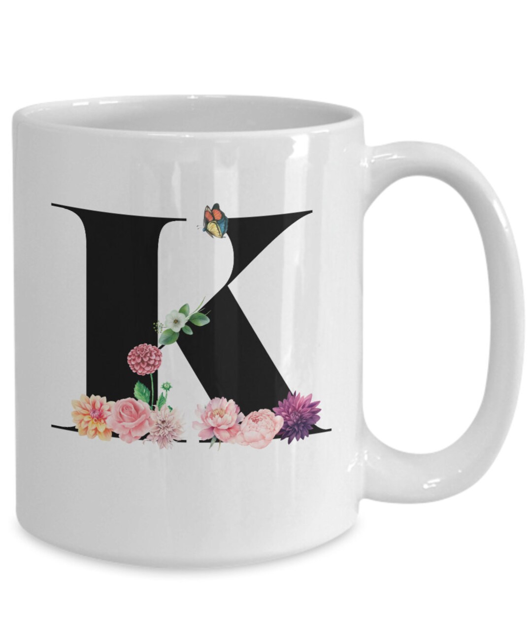 Large Letter K Coffee Mug, Alphabet Mug, Flower Letter Mug, Letter K ...