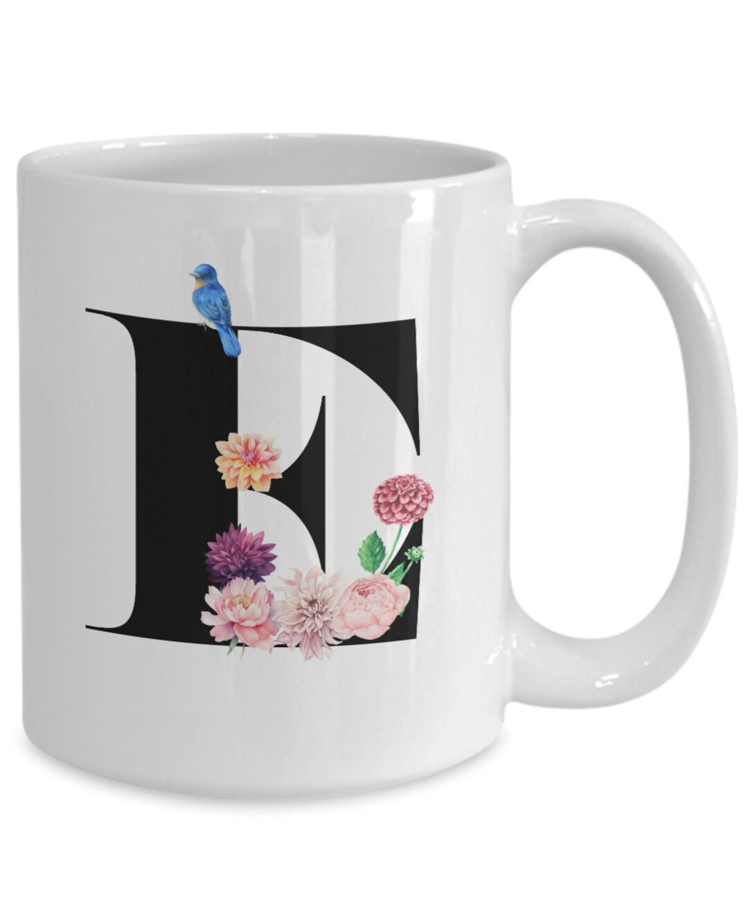 Large Letter E Coffee Mug, Alphabet Mug, Flower Letter Mug, Letter E ...