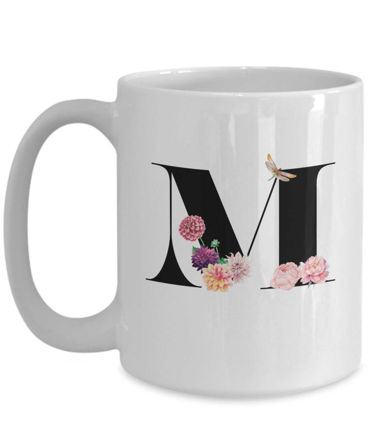 Large Letter M Coffee Mug, Alphabet Mug, Flower Letter Mug, Letter M ...