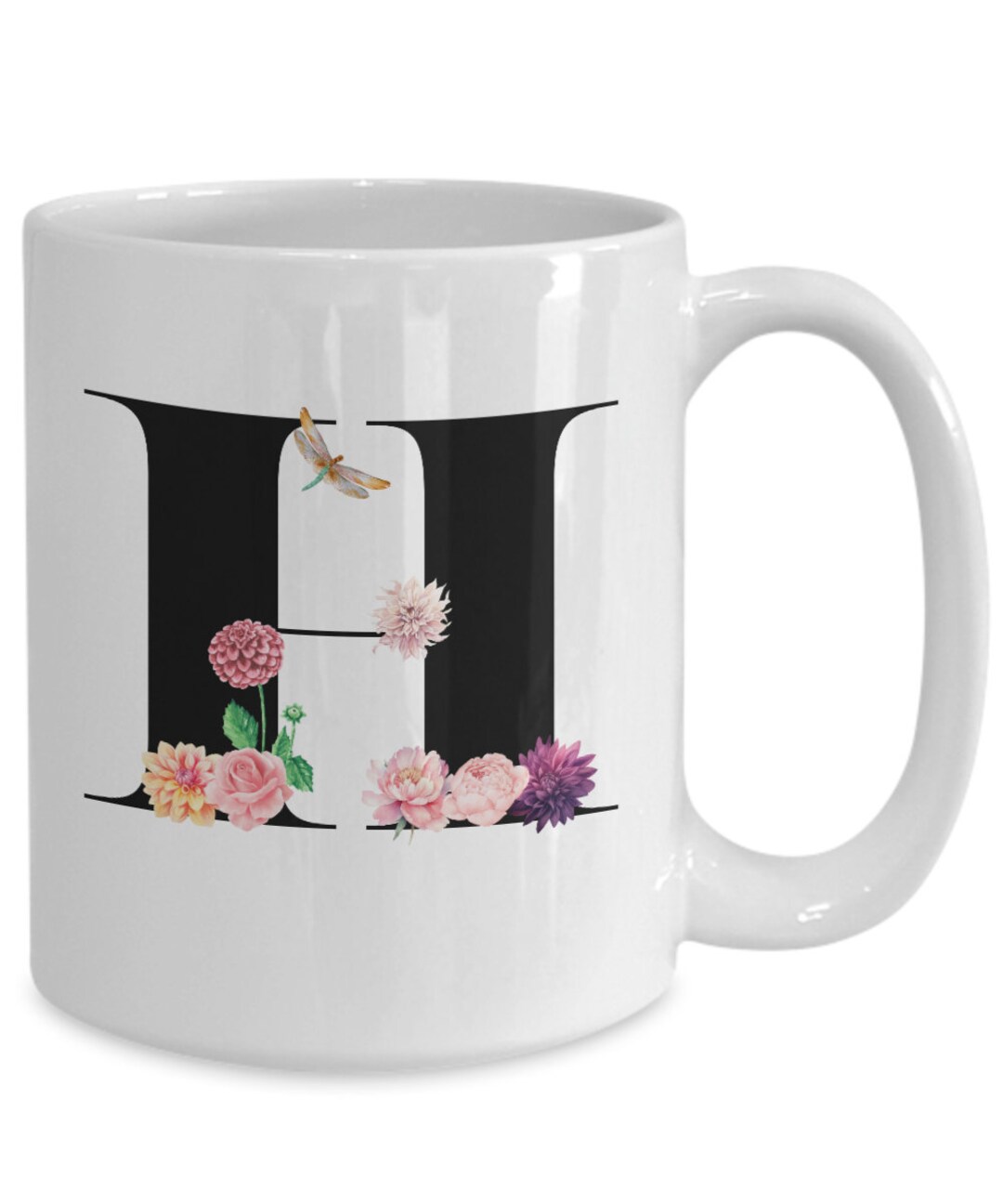 Large Letter H Coffee Mug, Alphabet Mug, Flower Letter Mug, Letter H ...