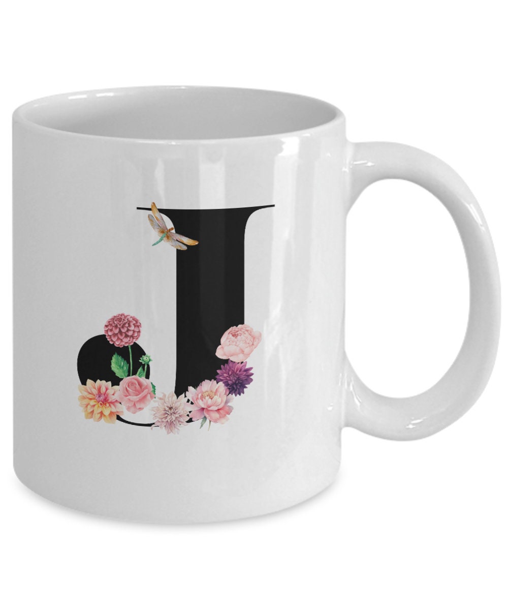 Large Letter J Coffee Mug, Alphabet Mug, Flower Letter Mug, Letter J ...