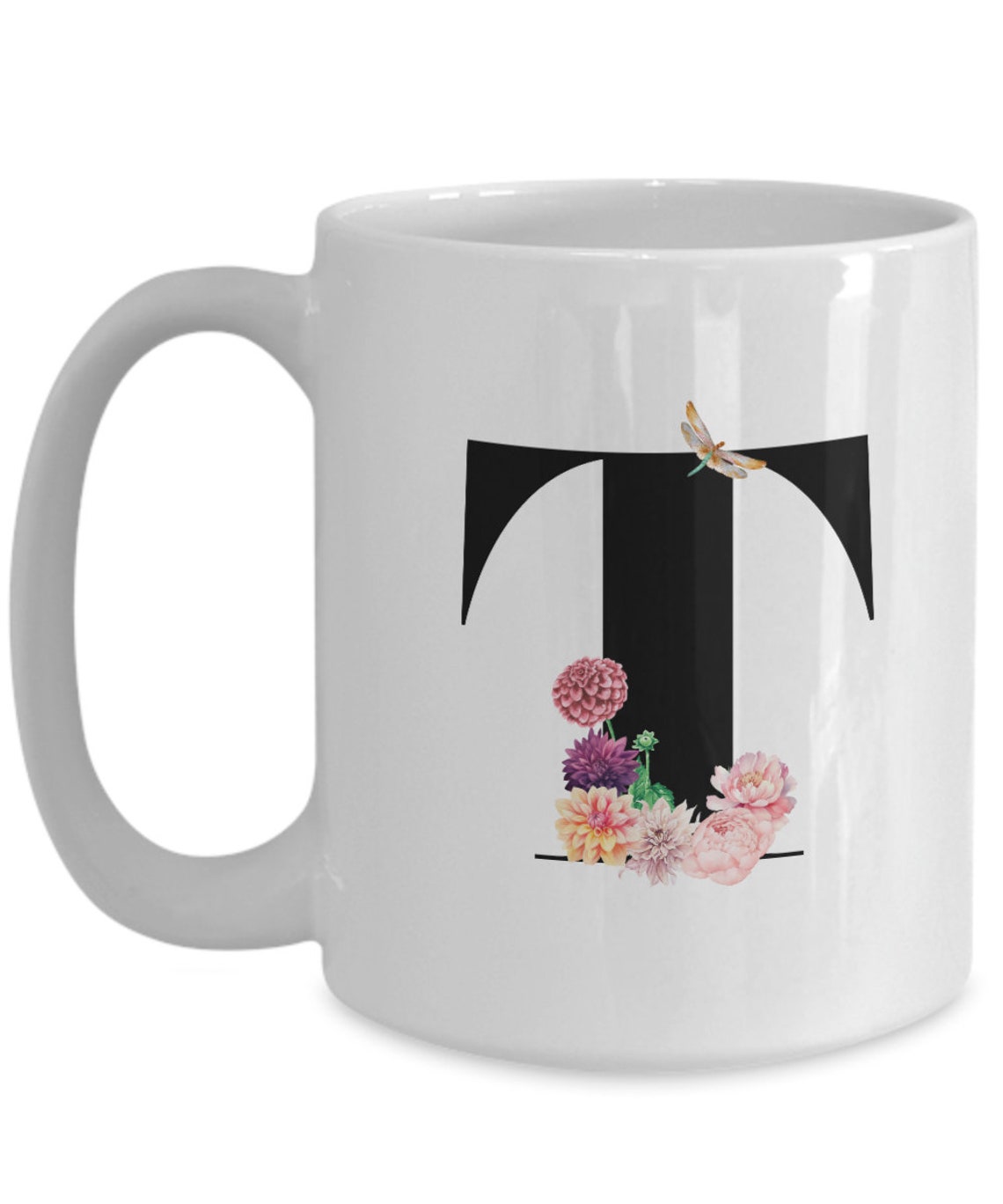 Large Letter T Coffee Mug, Alphabet Mug, Flower Letter Mug, Letter T ...