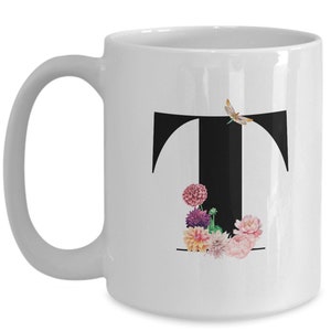 Large Letter T Coffee Mug, Alphabet Mug, Flower Letter Mug, Letter T ...