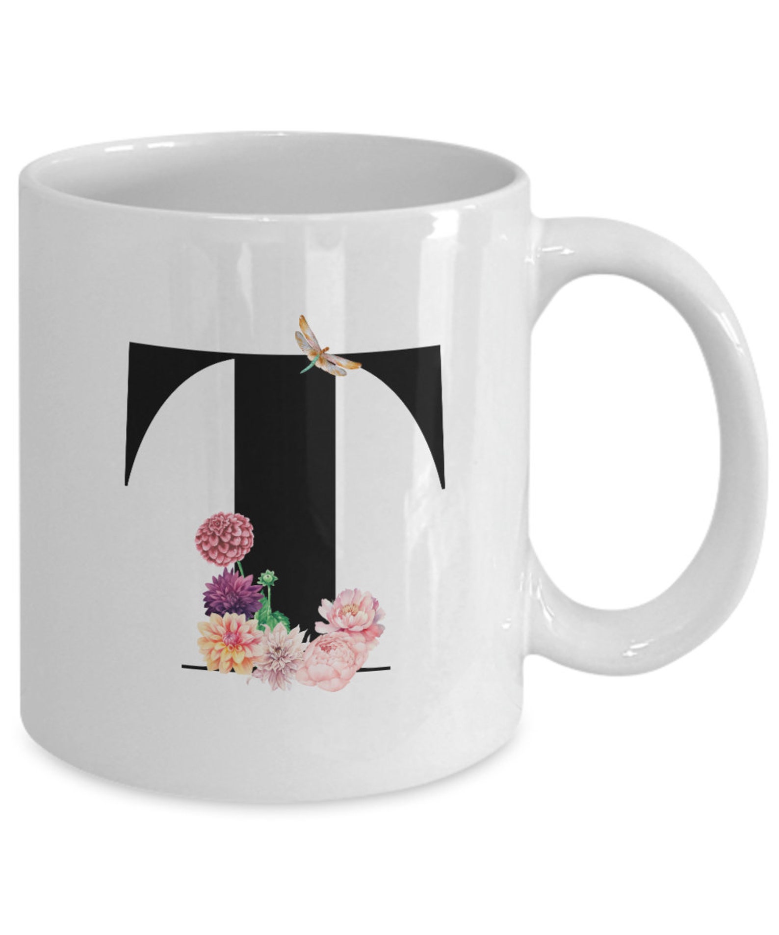 Large Letter T Coffee Mug, Alphabet Mug, Flower Letter Mug, Letter T ...