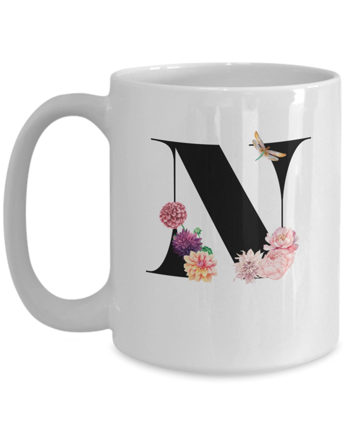 Large Letter N Coffee Mug, Alphabet Mug, Flower Letter Mug, Letter N ...