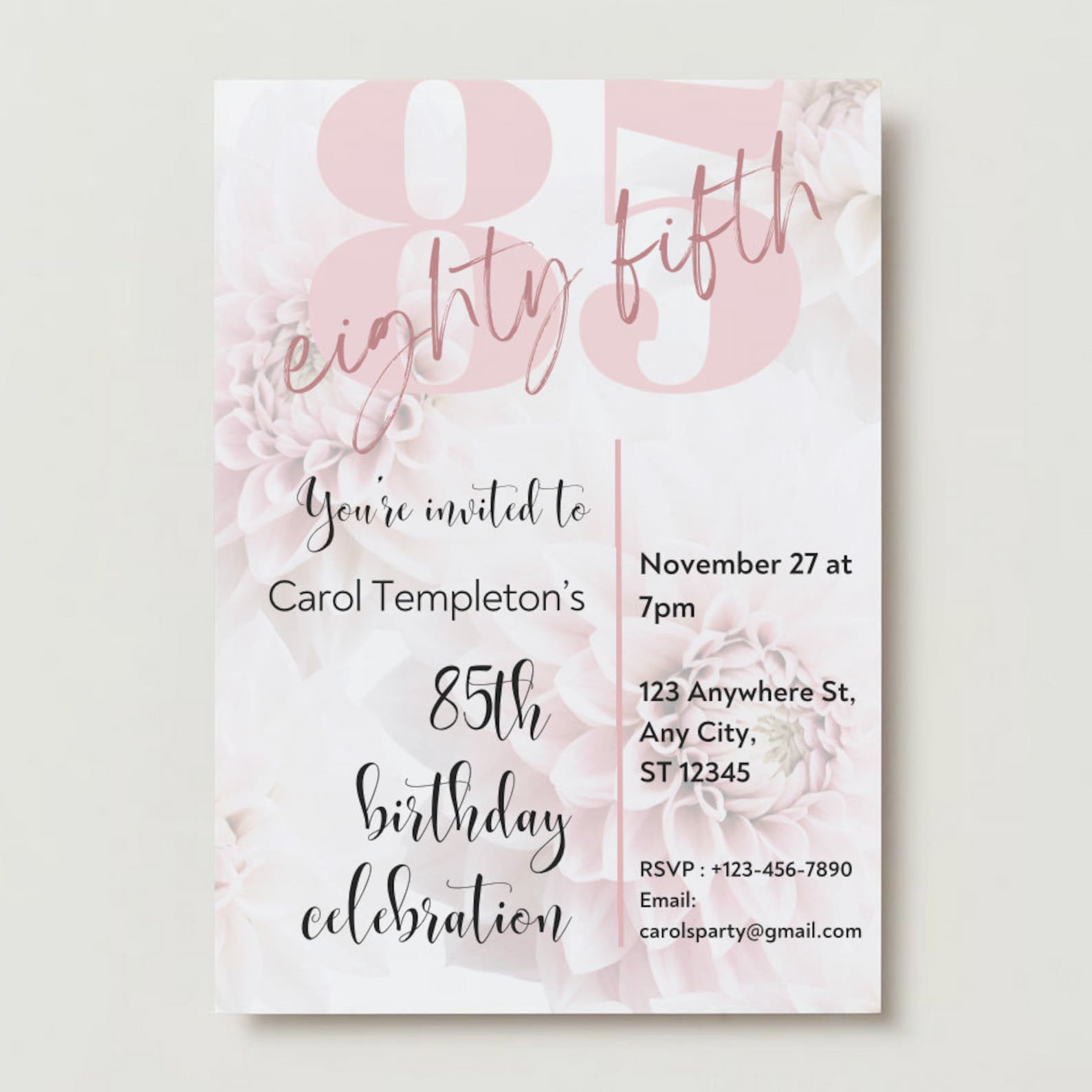 85th Birthday Invitation for Her, 85th Birthday Party, Customized 85th ...