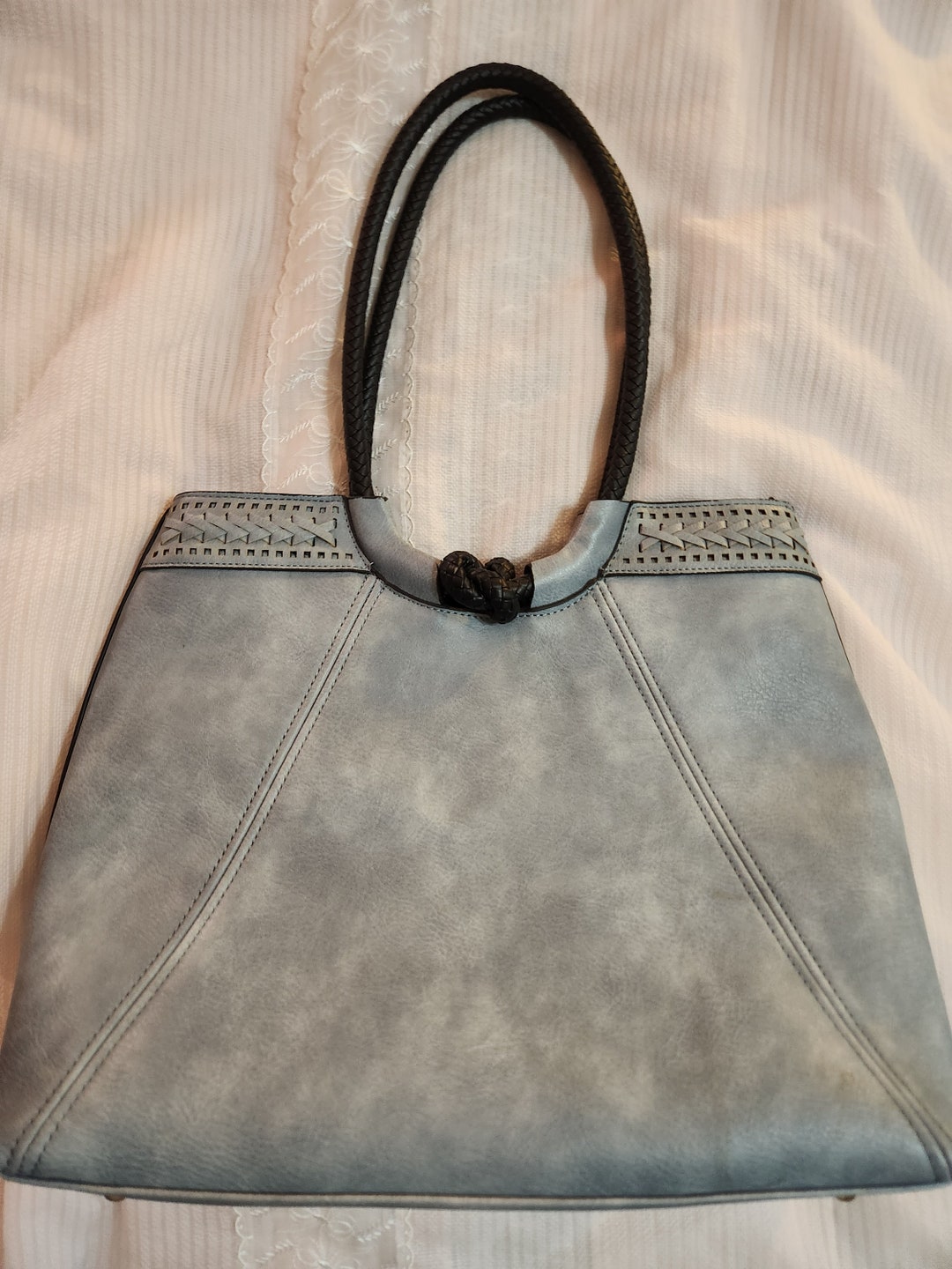 French Blue Satchel Handbag Faux Leather W/ Braided Black Trim & Straps ...