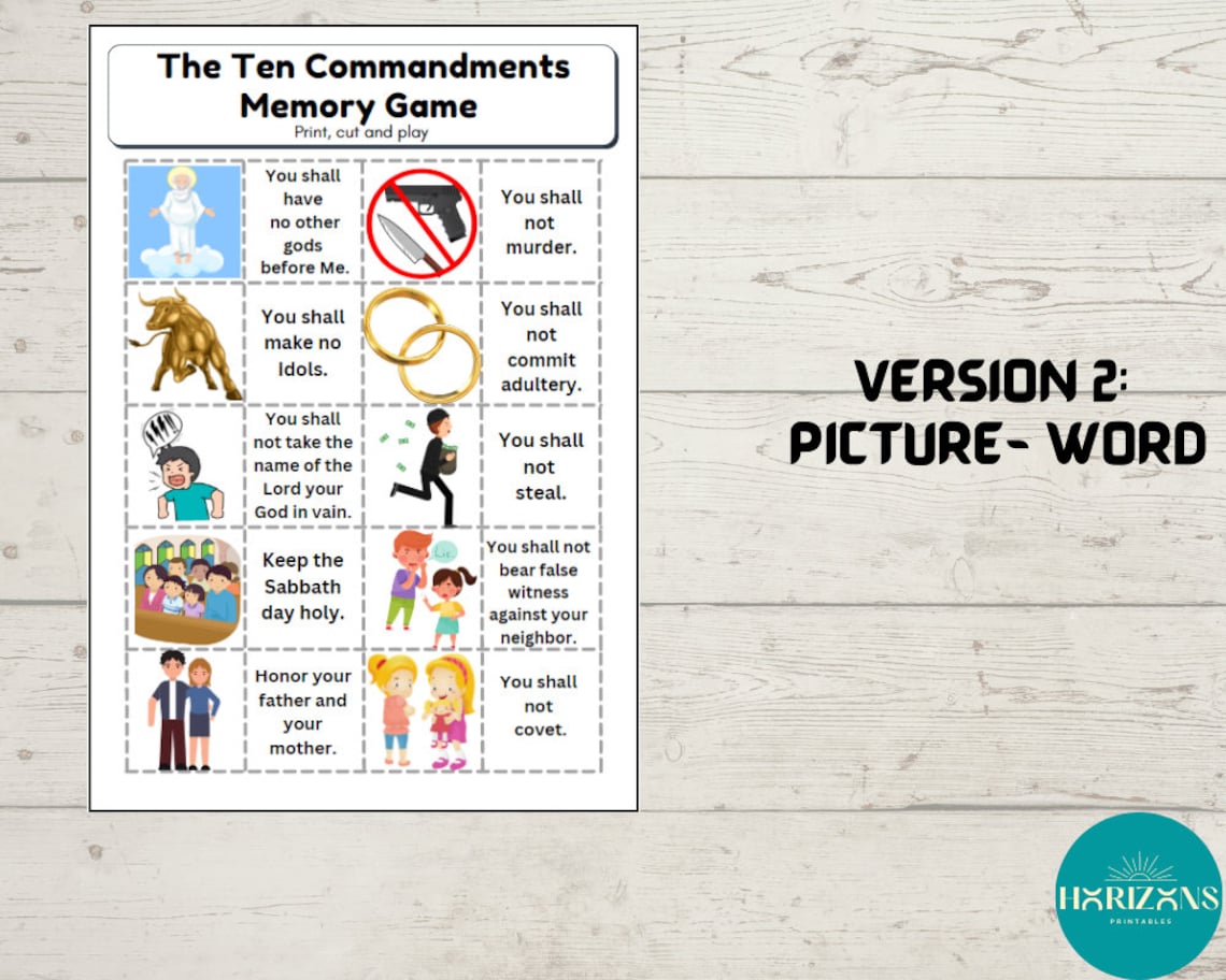 Bible Memory Match Game, the Ten Commandments, Bible Craft for Kids ...