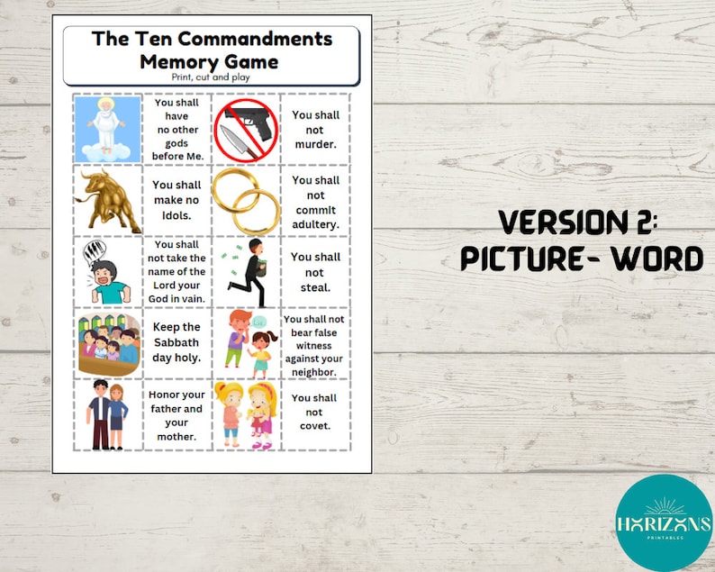 Bible Memory Match Game, the Ten Commandments, Bible Craft for Kids ...