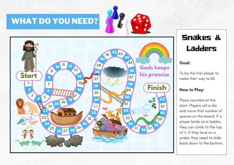Noah's Ark, Bible Story Game, Activities for Kids, Chutes Snakes and ...