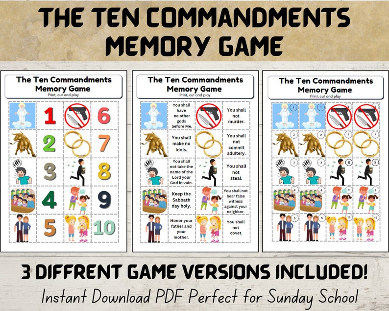 Bible Memory Match Game, the Ten Commandments, Bible Craft for Kids ...
