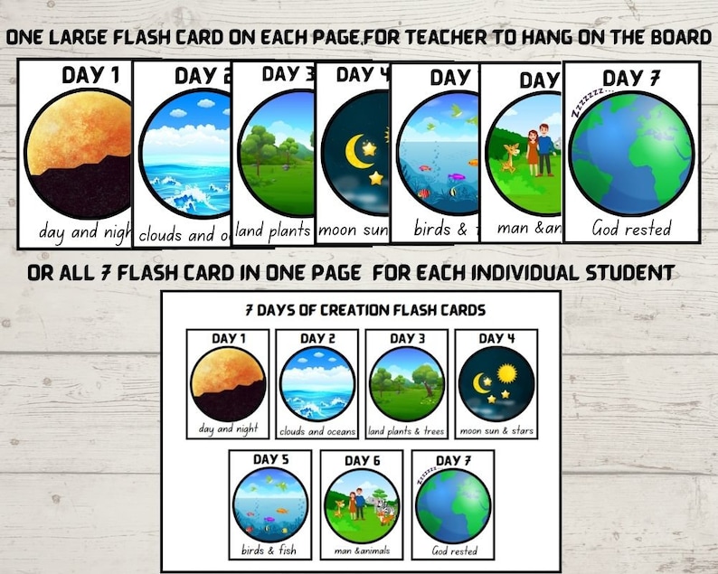 7 Days of Creation Flash Cards, Genesis, Bible Lesson for Kids ...