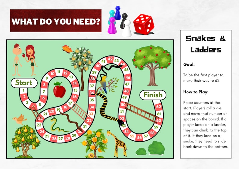 Adam and Eve Bible Story Game Activities for Kids, Chutes Snakes and ...