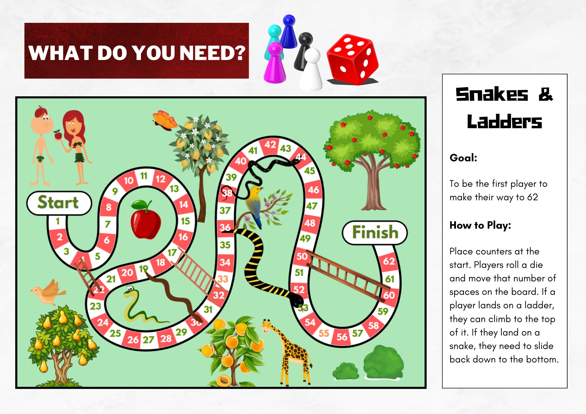 Adam and Eve Bible Story Game Activities for Kids, Chutes Snakes and ...
