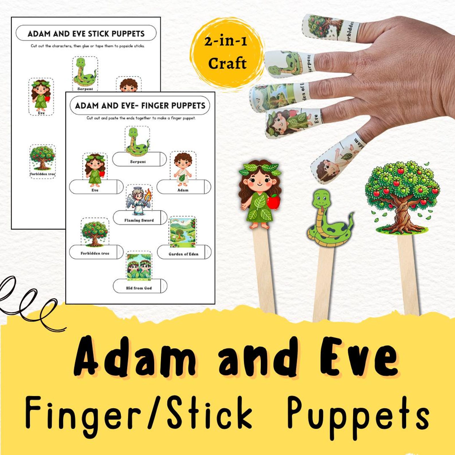 Adam & Eve Bible Story Craft: Finger Puppets, Sunday School Activity ...