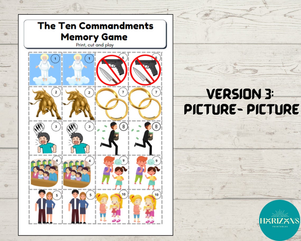 Bible Memory Match Game, the Ten Commandments, Bible Craft for Kids ...