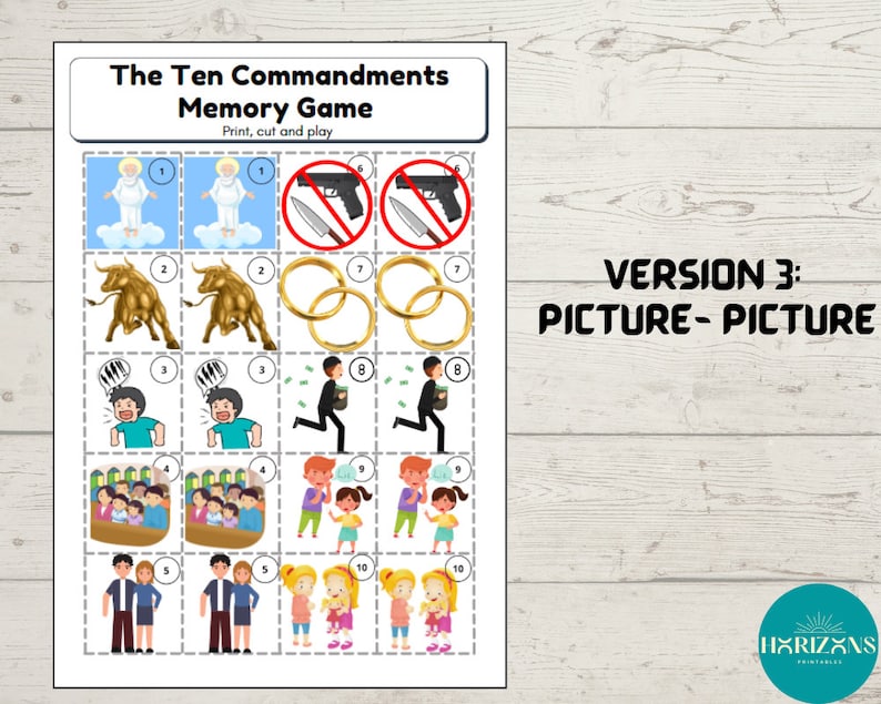 Bible Memory Match Game, the Ten Commandments, Bible Craft for Kids ...