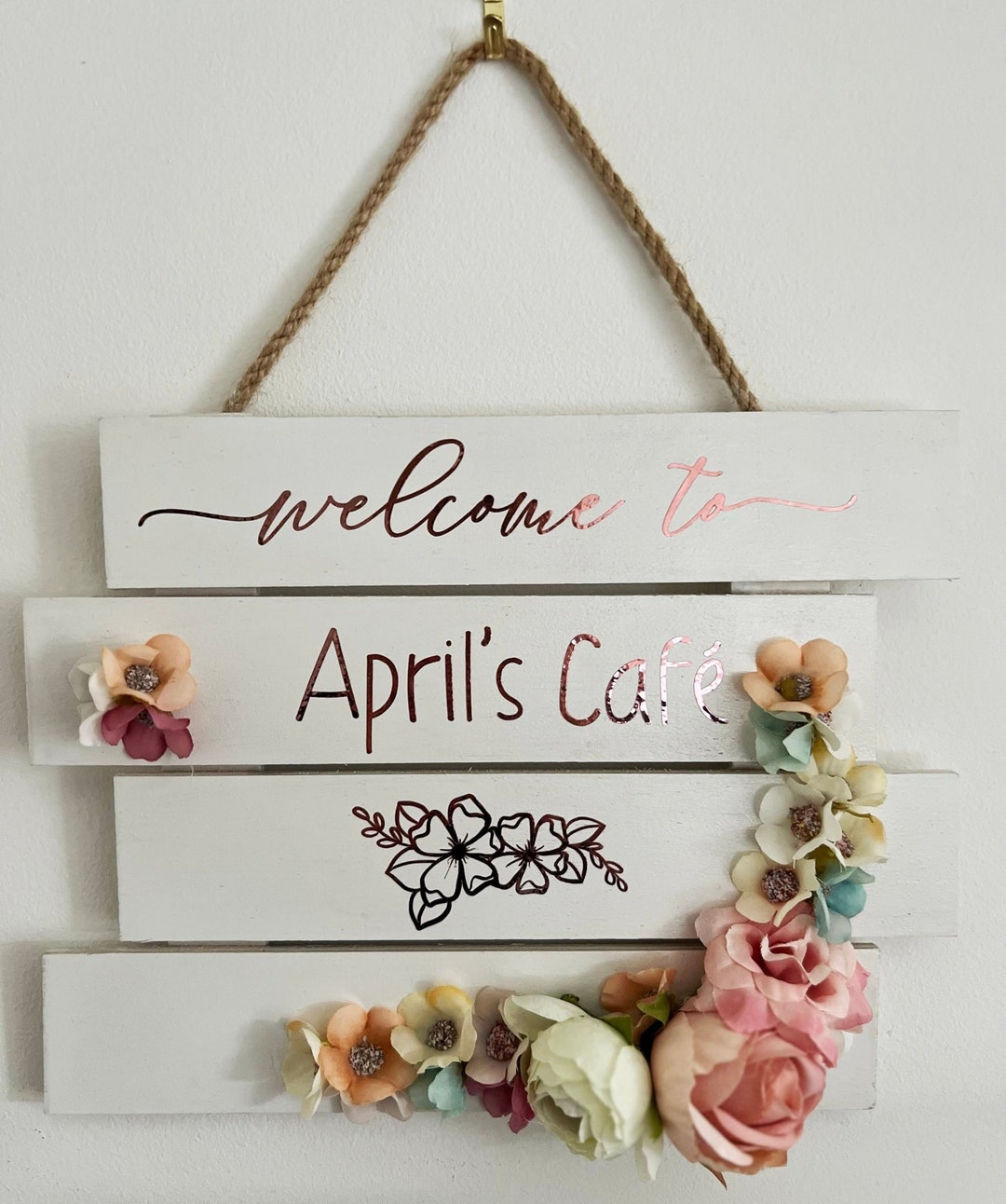 Wooden Welcome Sign, Sign With 3D Flowers, Business Cafe, Kitchen ...