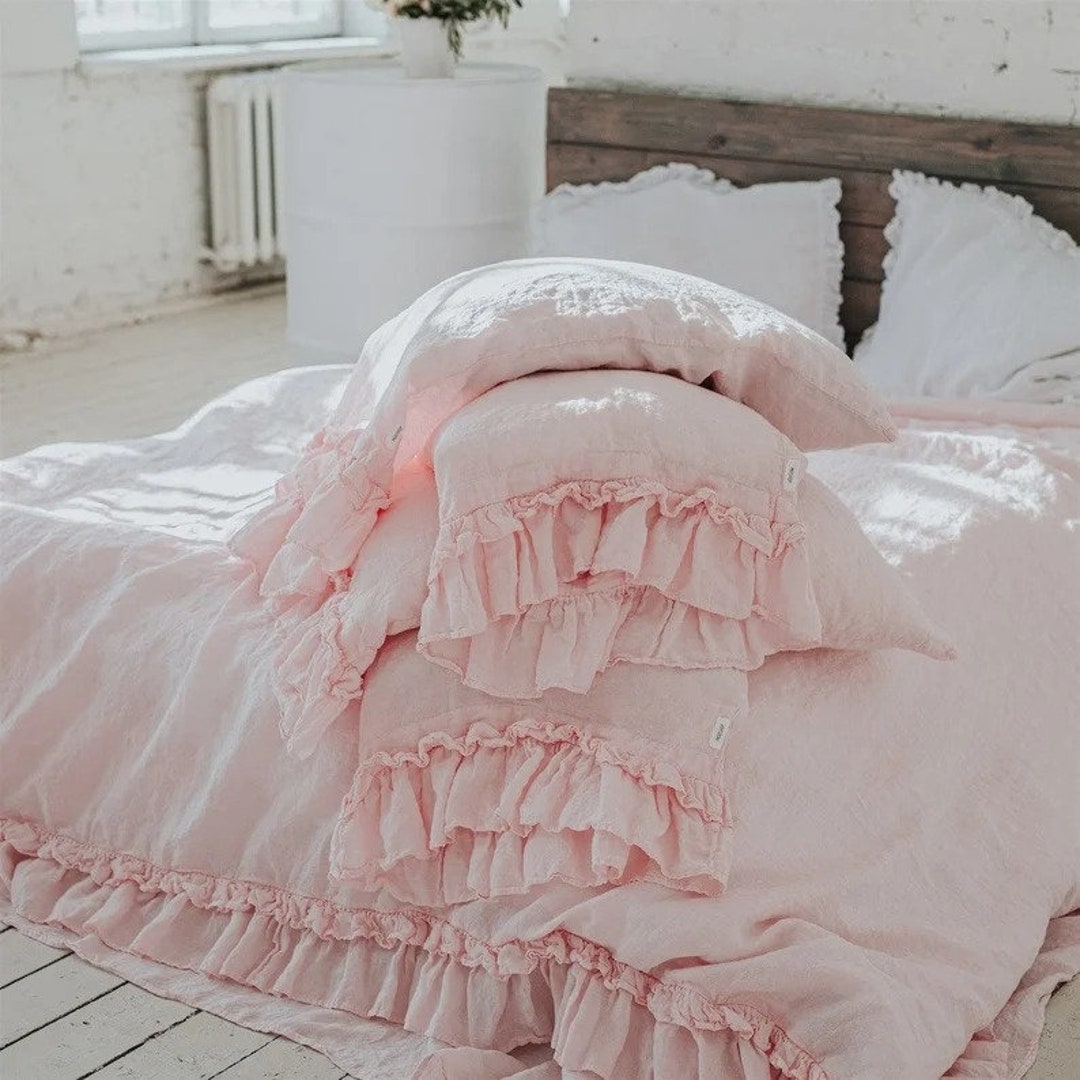 Pink LINEN Duvet Cover . Linen Bedding Set . King Queen Linen Ruffled ...