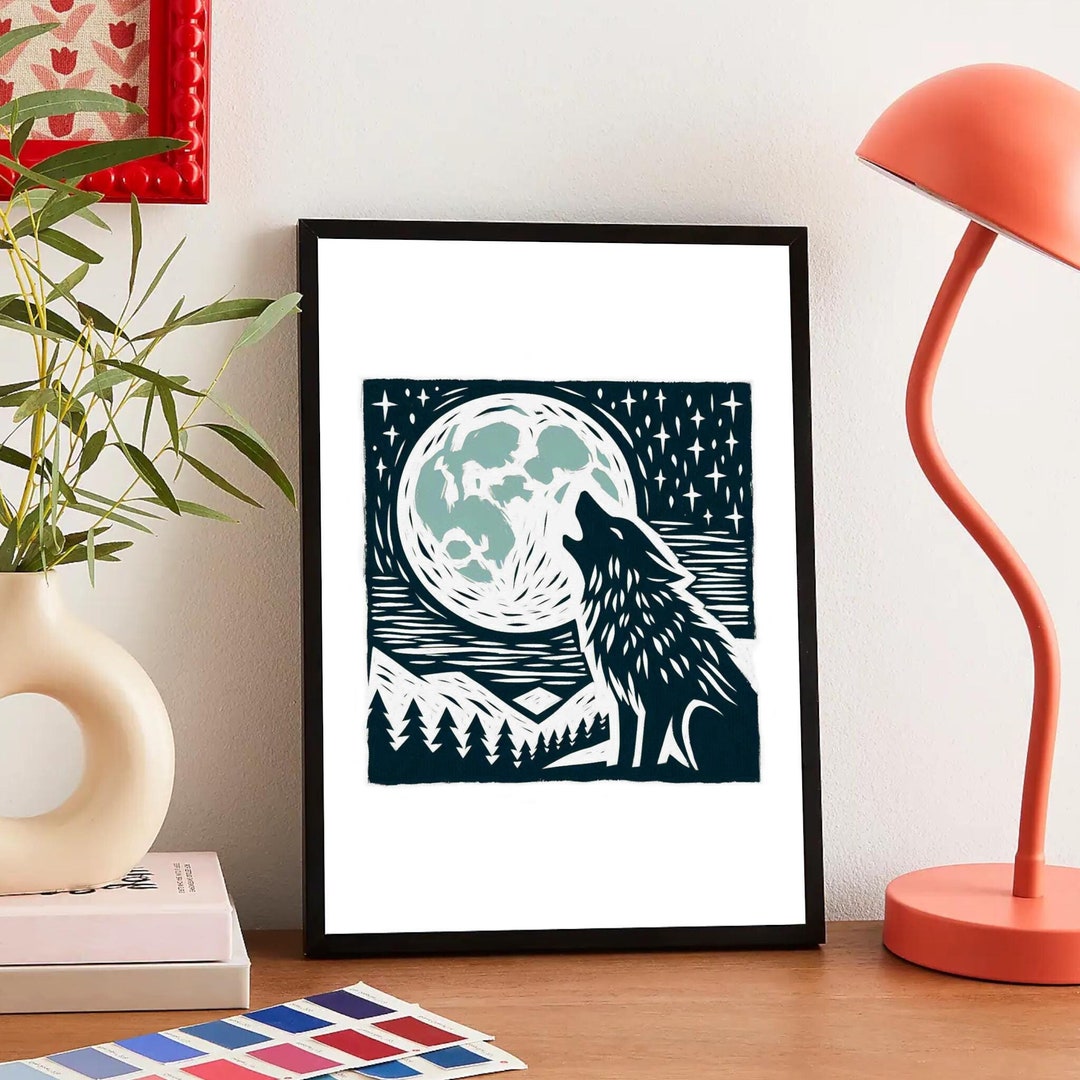 Wolf Howling at the Moon Linocut Art Print Forest Nursery Wall Art ...