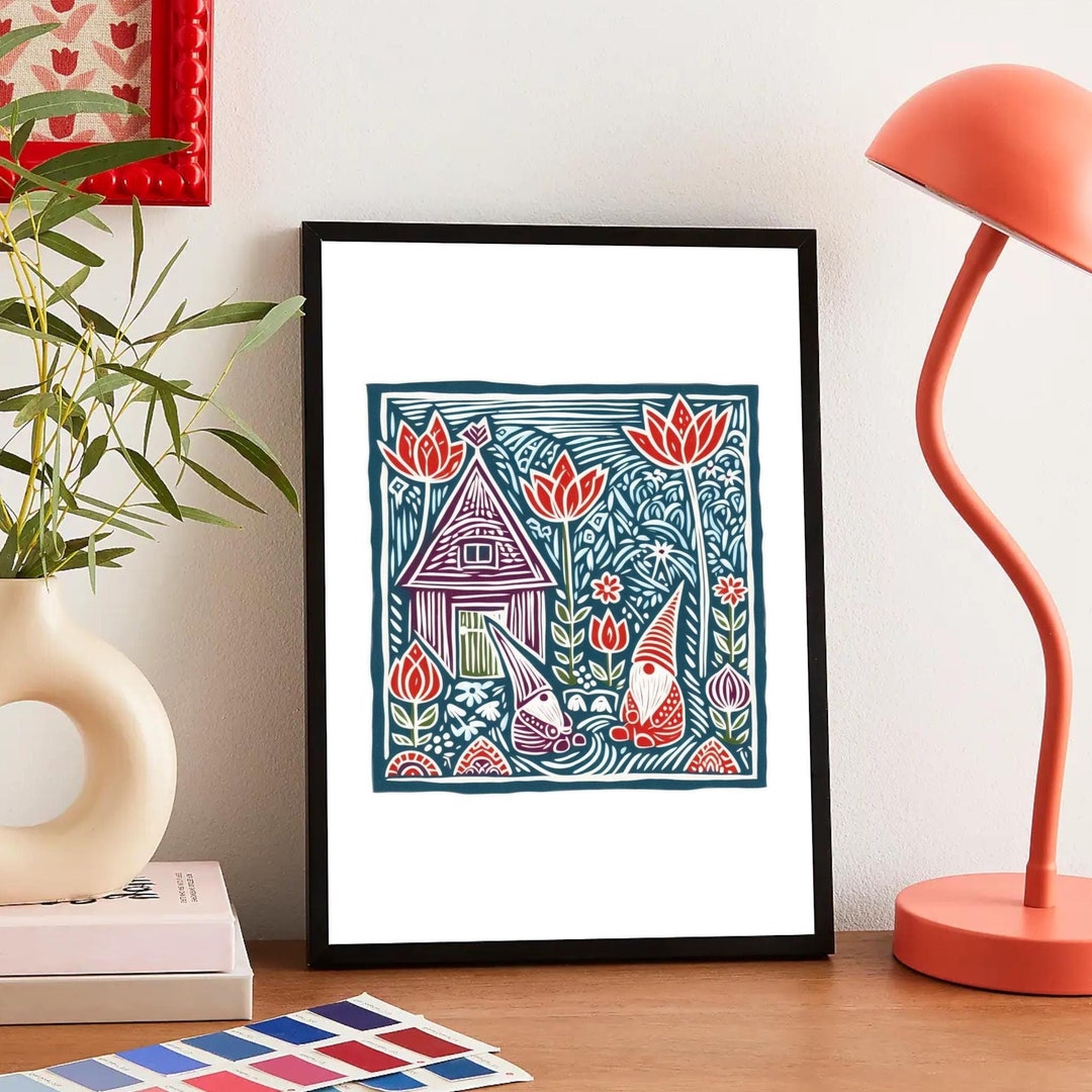 Garden Gnome Linocut Art Print Cottagecore Woodland Nursery Wall Art ...