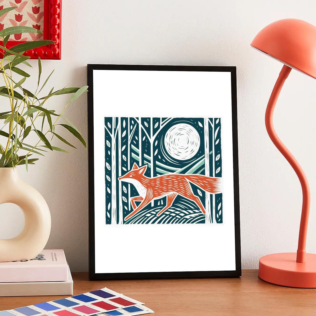 Red Fox Linocut Art Print Cottagecore Woodland Nursery Wall Art ...