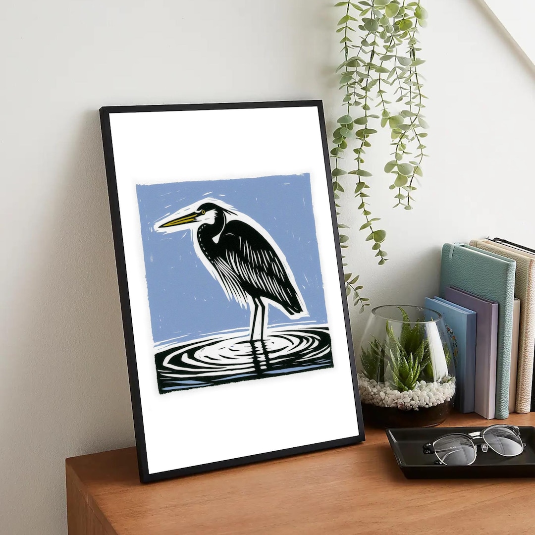 Great Blue Heron Linocut Art Print Countryside Nursery Wall Art British ...