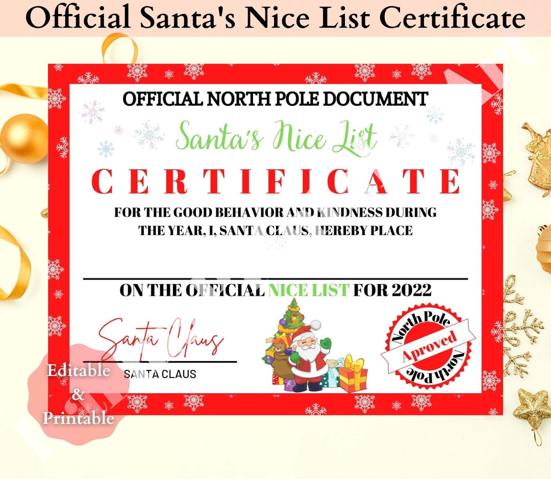 Official Santa's Nice List Certificate | Printable & Editable Digital ...
