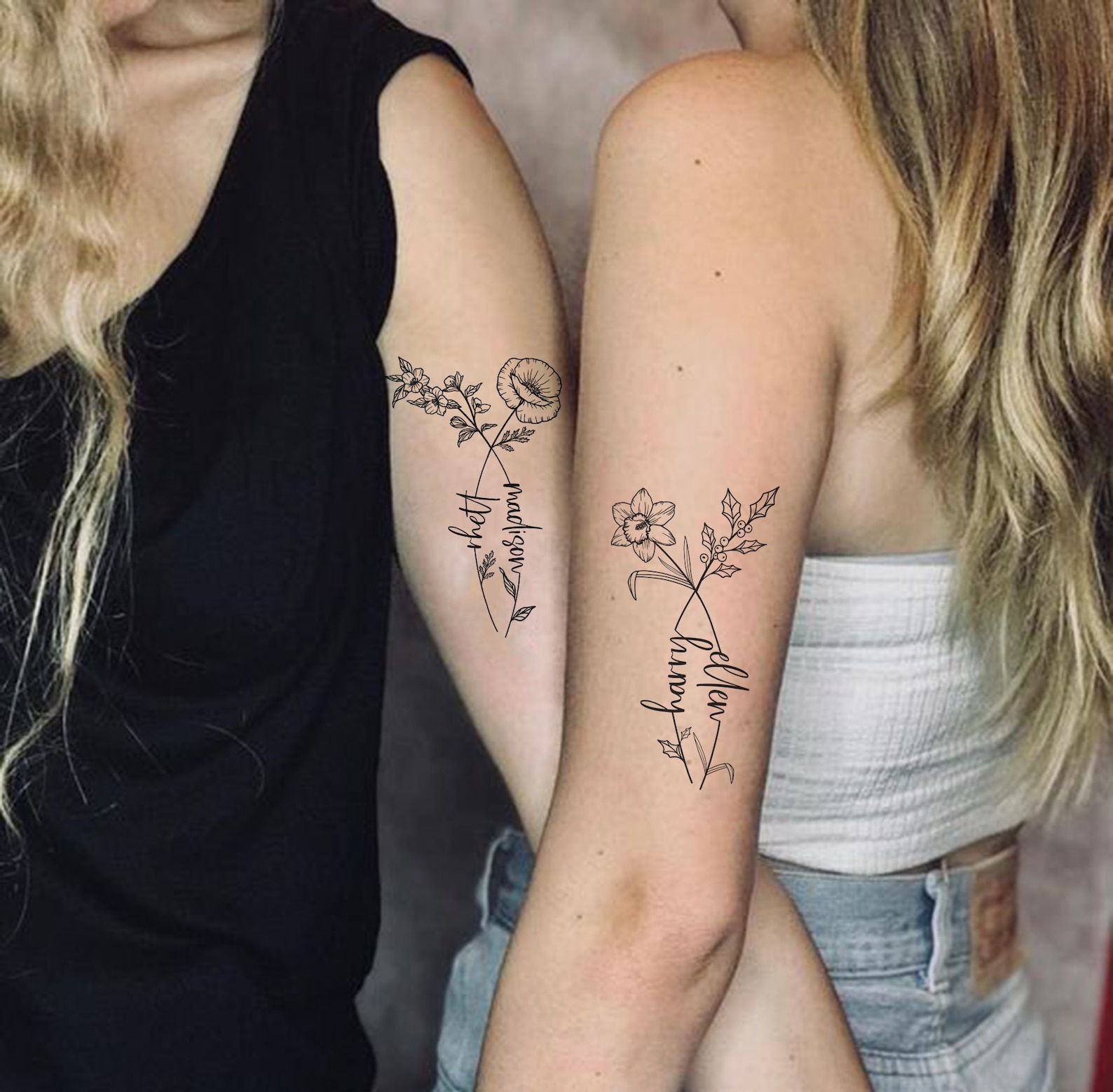Custom Birth Flower Tattoo Design: Two Names, Floral Line Art (digital ...