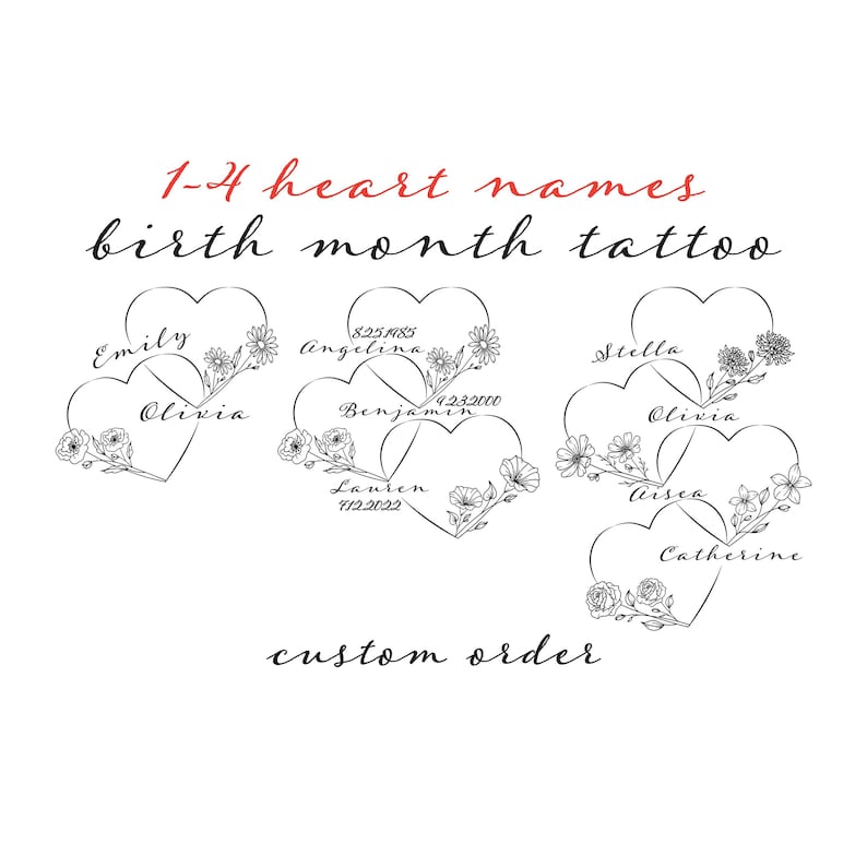 Custom Birth Flower Heart Tattoo Design: Personalized Memorial Art ...