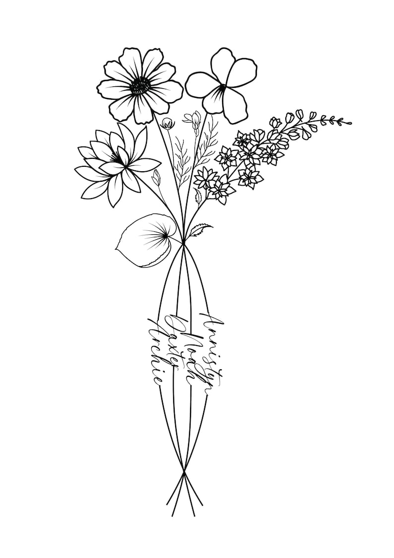 Personalized Birth Flower Tattoo Design, 4 Names, Mom & Kids Bouquet ...