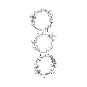 2 Names Birth Month Flowers Wreath Tattoo Art , Custom Name , Line Art ...