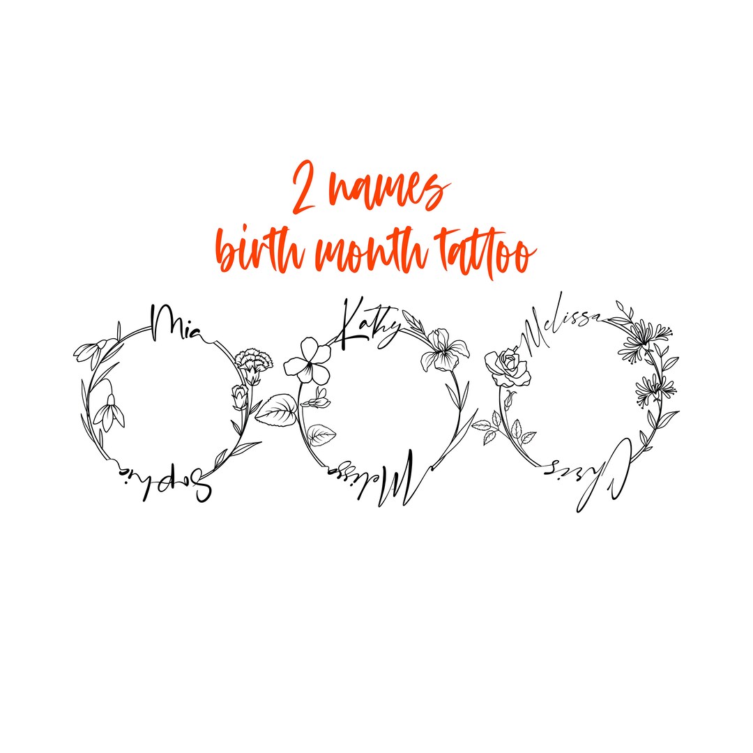 2 Names Birth Month Flowers Wreath Tattoo Art , Custom Name , Line Art ...