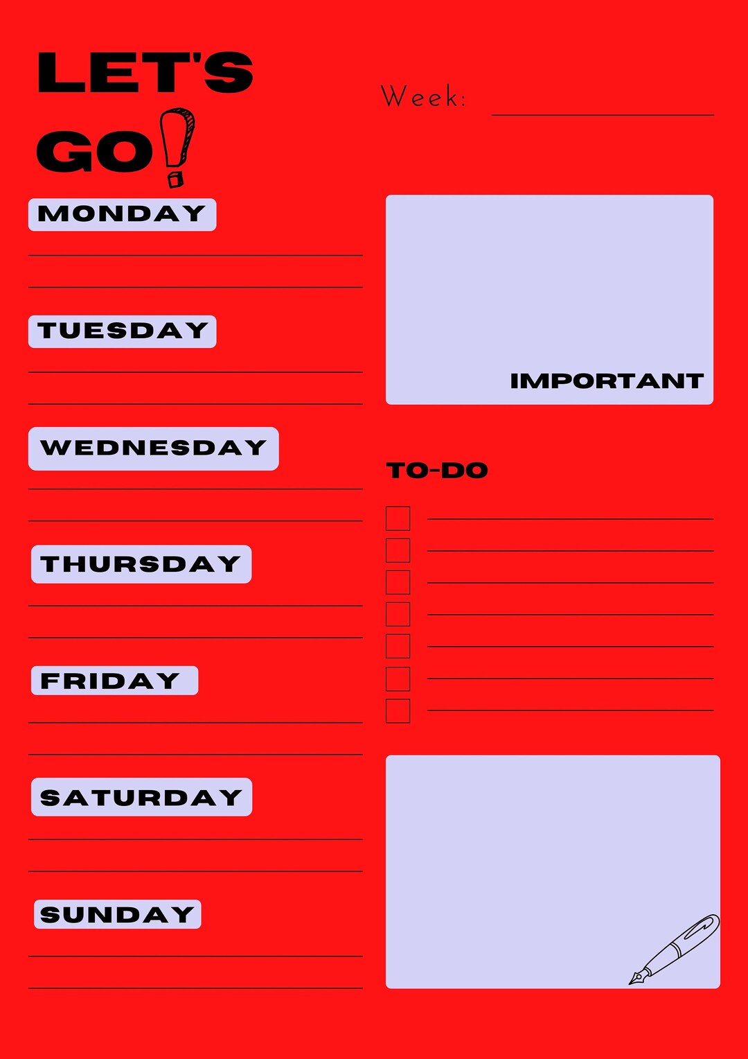 Bold Weekly Organiser | Monday–sunday To-do List - Etsy UK