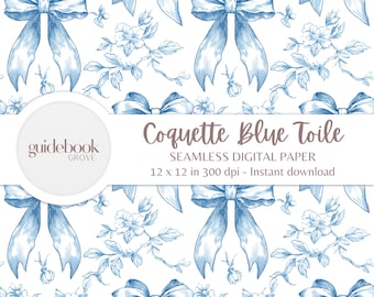 Vintage Blue Toile Coquette Pattern PNG – Blue Chinoiserie Bow Digital ...