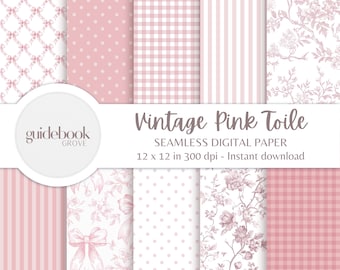 Pink Toile Digital Paper, Coquette Bow Patterns, Preppy Backgrounds ...