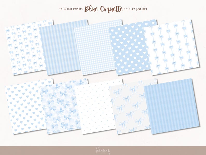 Blue Bow Digital Paper Pack, Coquette Aesthetic, Ribbon Pattern ...