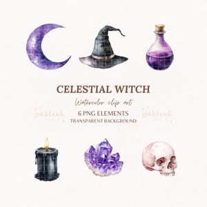 Watercolor Celestial Witch Clipart, Witch Clip Art Png, Witch Bundle ...