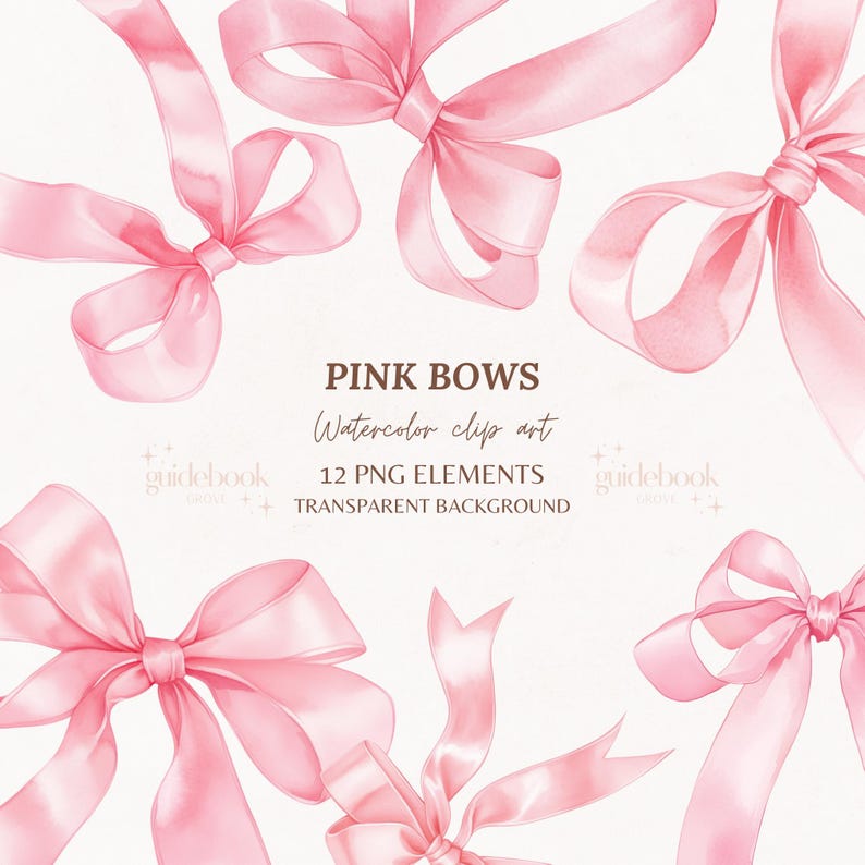 12 Watercolor Pink Pastel Coquette Bows Clipart, Minimal Girly Preppy ...