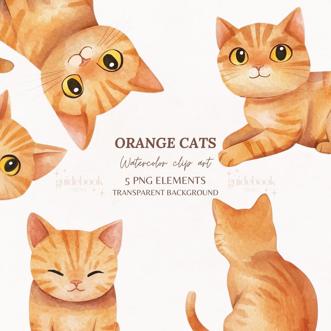 Orange Cats Watercolor Clipart Set, Tabby Cute Cat, Pet Clipart, Animal ...