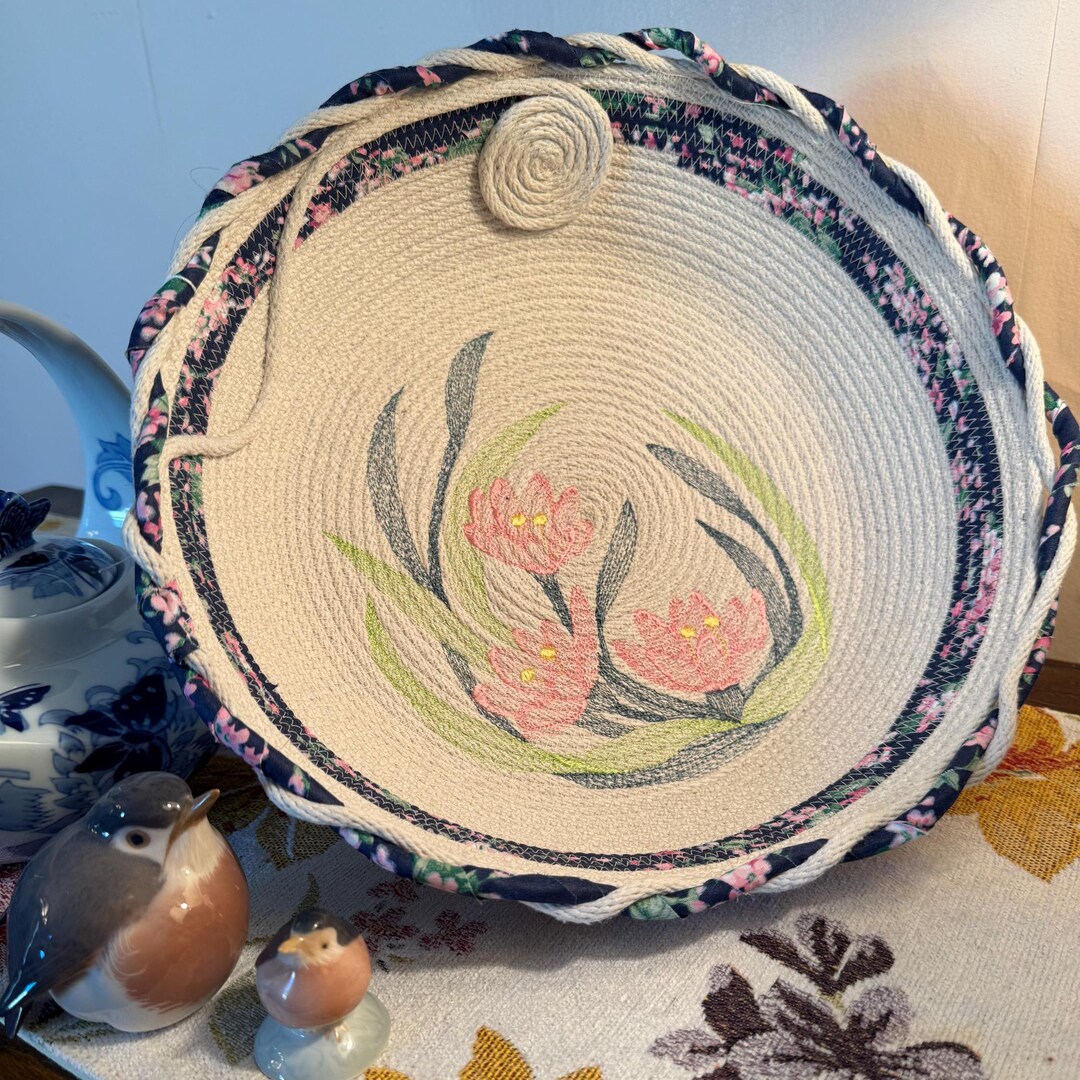 Embroidered Cotton Rope Bowl, Handcrafted Decorative Bowl, Pink ...