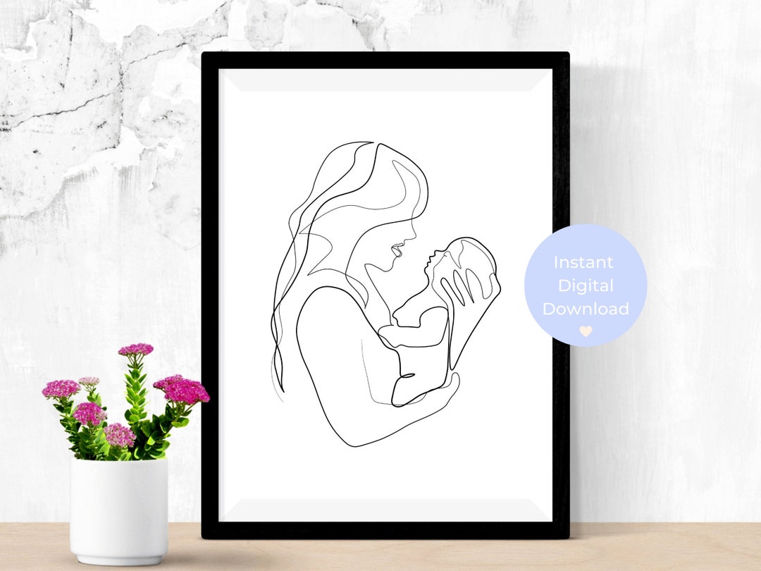 Mother and Baby Line Art, Abstract Woman and Baby Line Drawing ...
