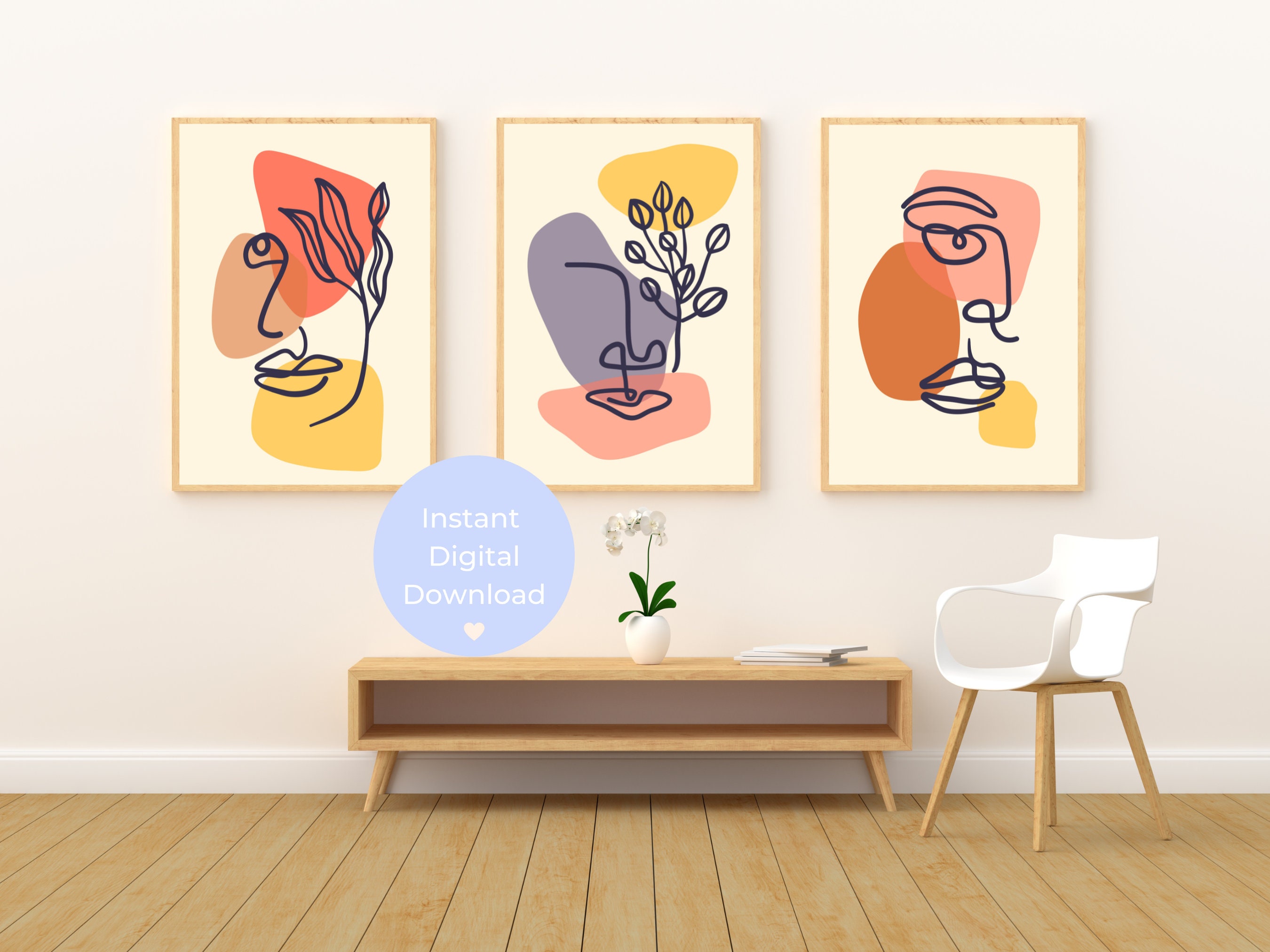 Boho Abstract Face Continuous Line Wall Art Prints, Set of 3 Prints ...