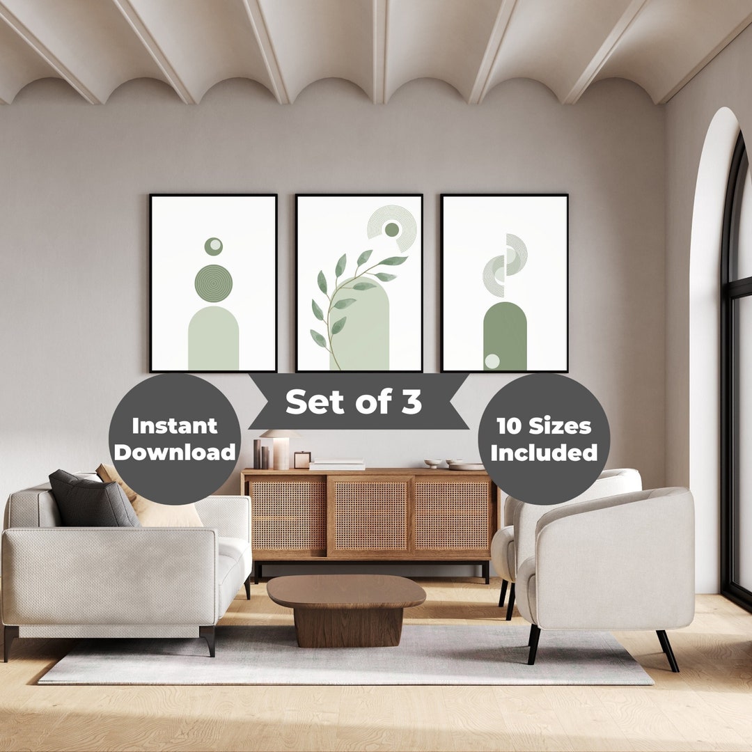 Sage Green Art Prints Abstract Boho Wall Art Set of 3 Mid Century Art ...
