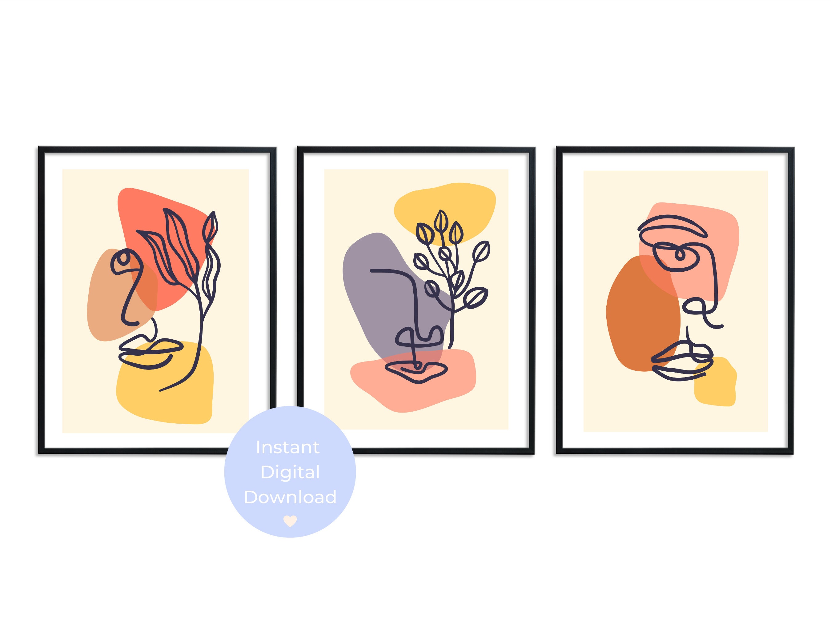 Boho Abstract Face Continuous Line Wall Art Prints Set Of 3 Prints