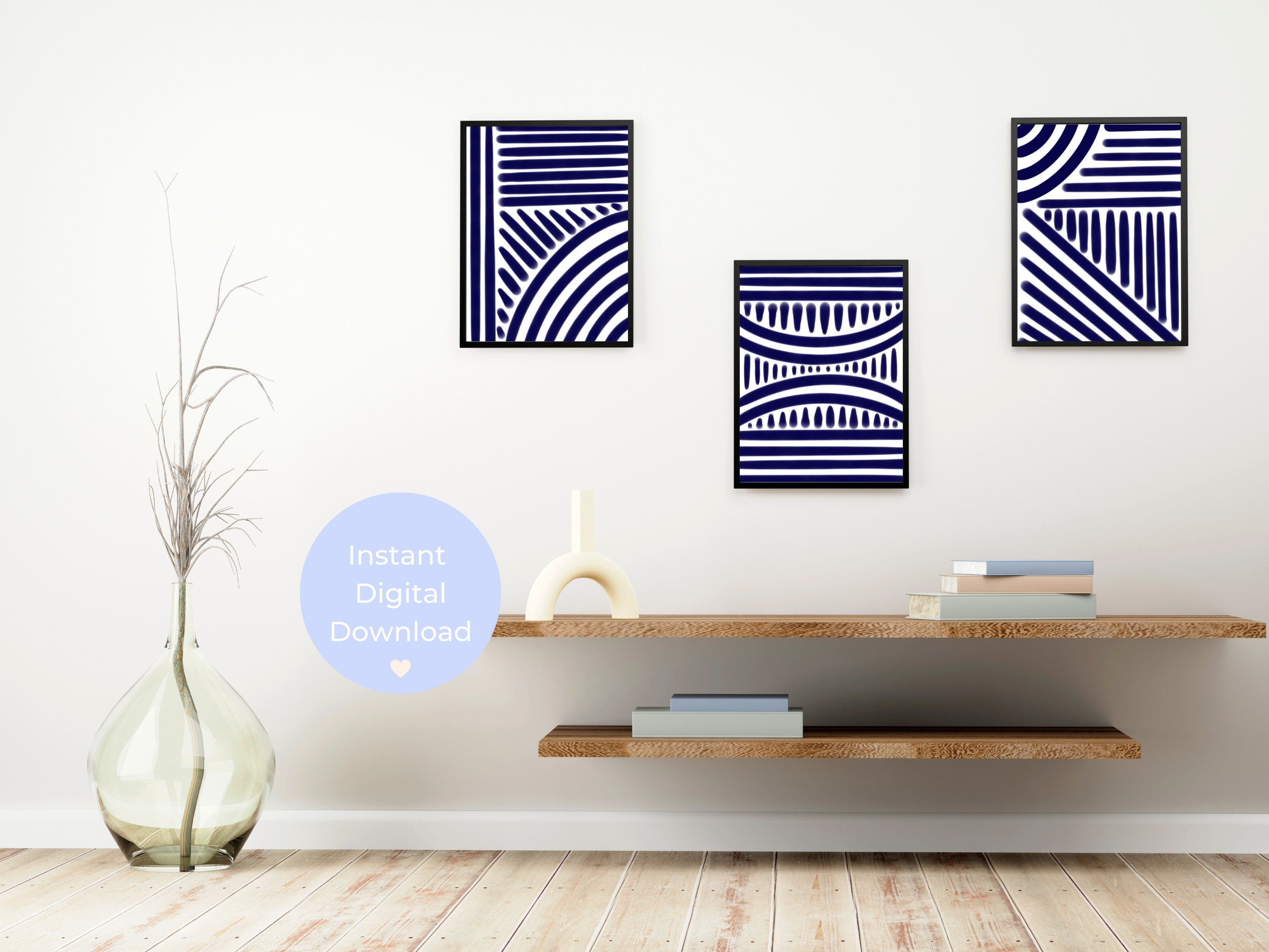 White Navy Blue Gallery Wall Art, Set of 3 Prints, Digital Download ...