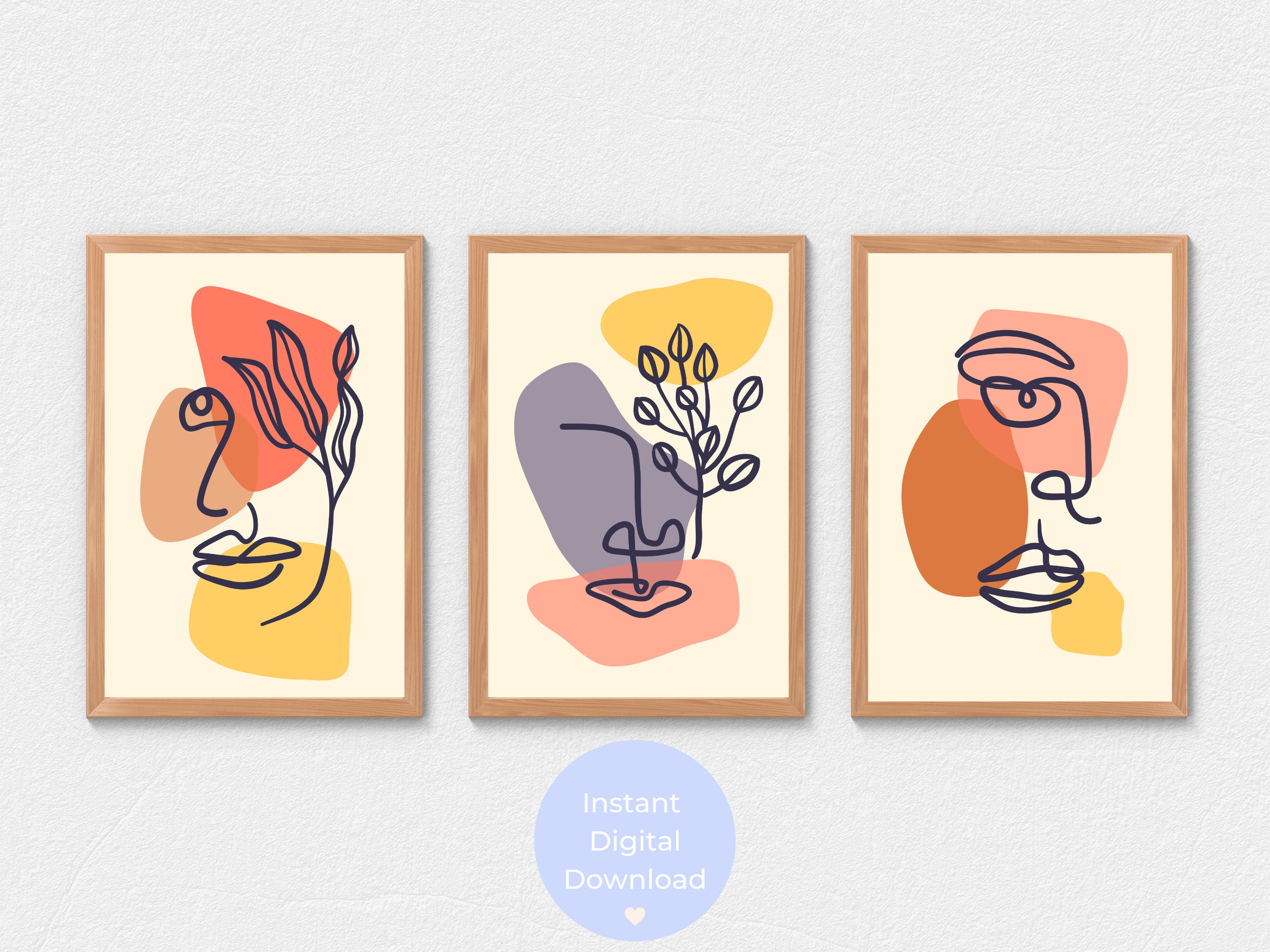 Boho Abstract Face Continuous Line Wall Art Prints Set Of 3 Prints