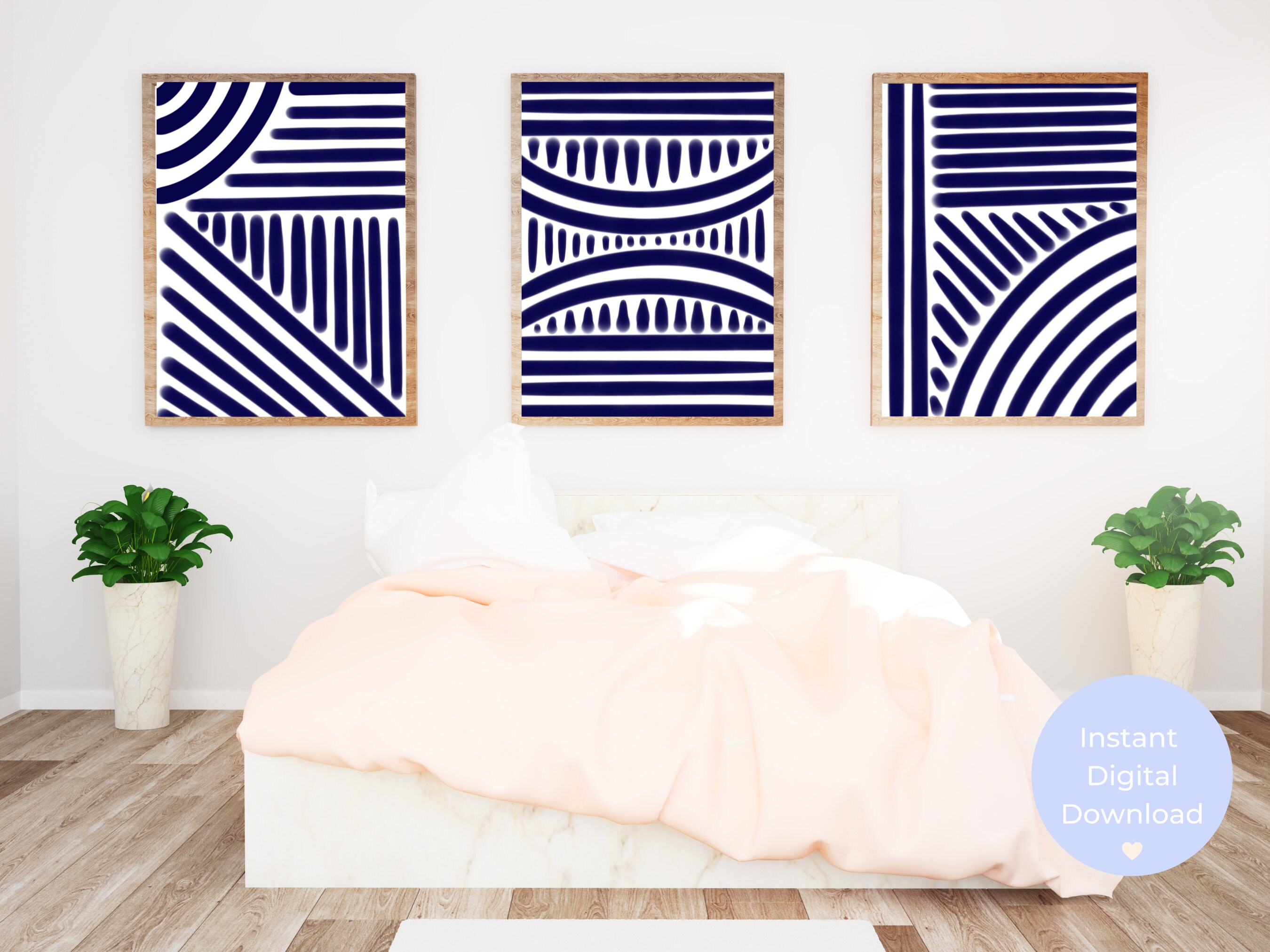 White Navy Blue Gallery Wall Art, Set of 3 Prints, Digital Download ...